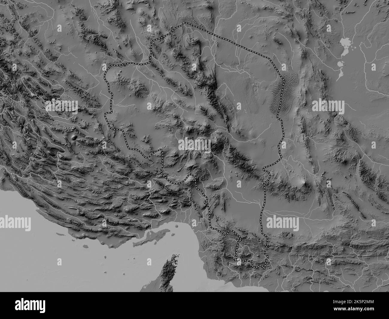 Kerman, province of Iran. Bilevel elevation map with lakes and rivers ...