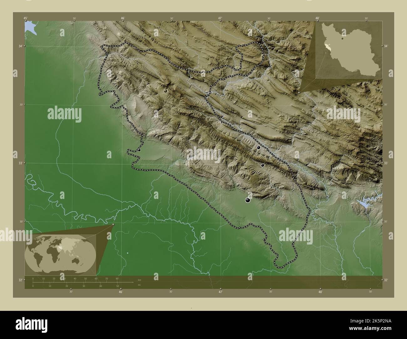 Ilam, province of Iran. Elevation map colored in wiki style with lakes ...