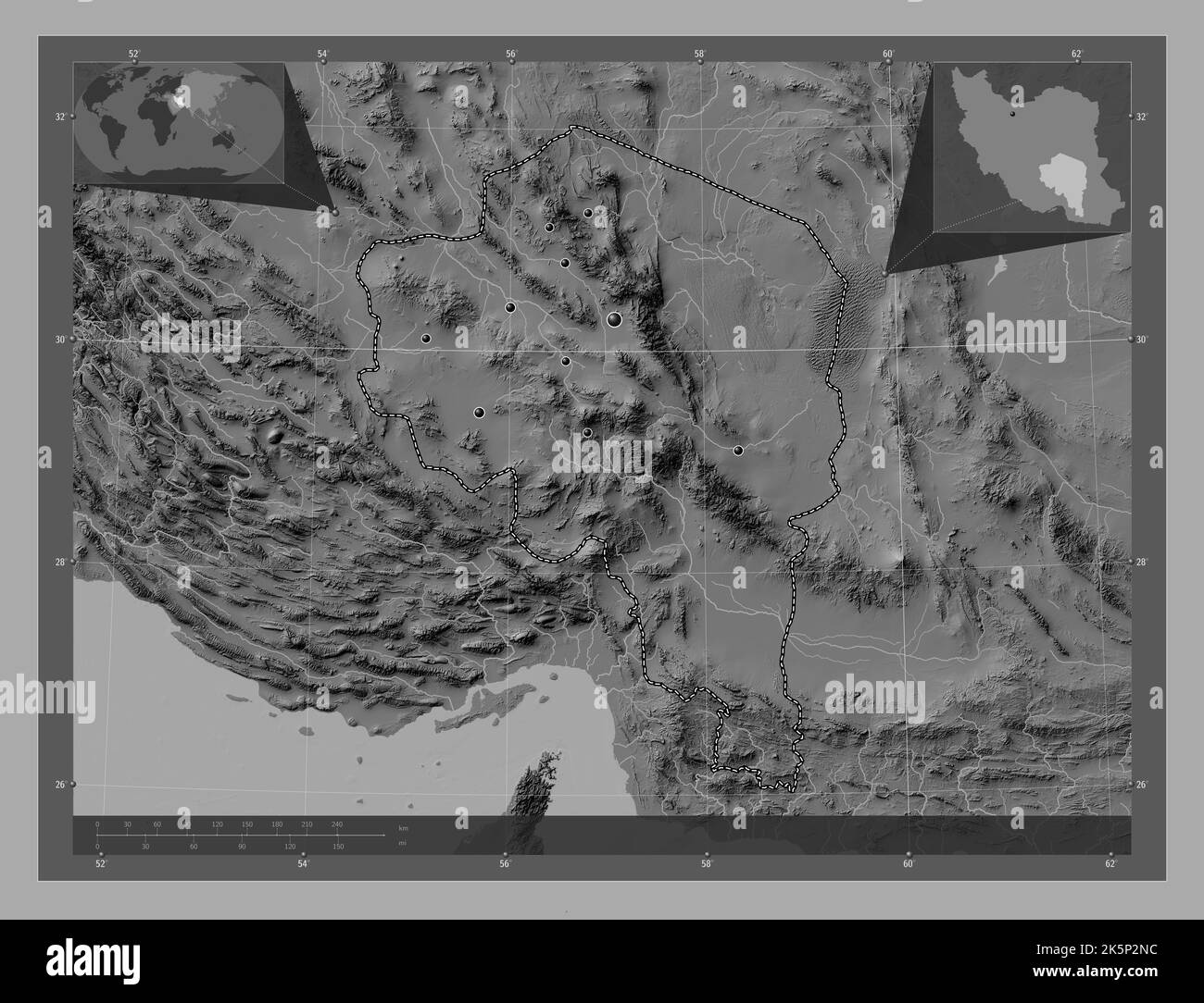 Kerman, province of Iran. Bilevel elevation map with lakes and rivers ...