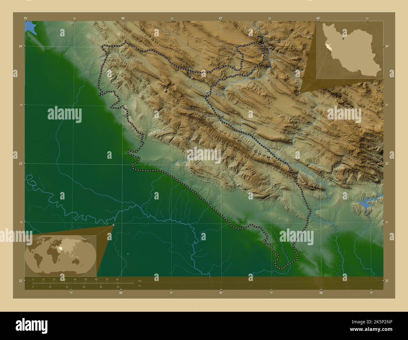 Ilam, province of Iran. Colored elevation map with lakes and rivers ...
