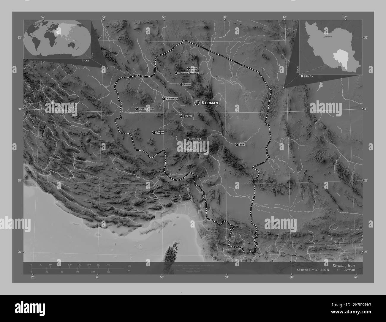 Kerman, province of Iran. Grayscale elevation map with lakes and rivers ...