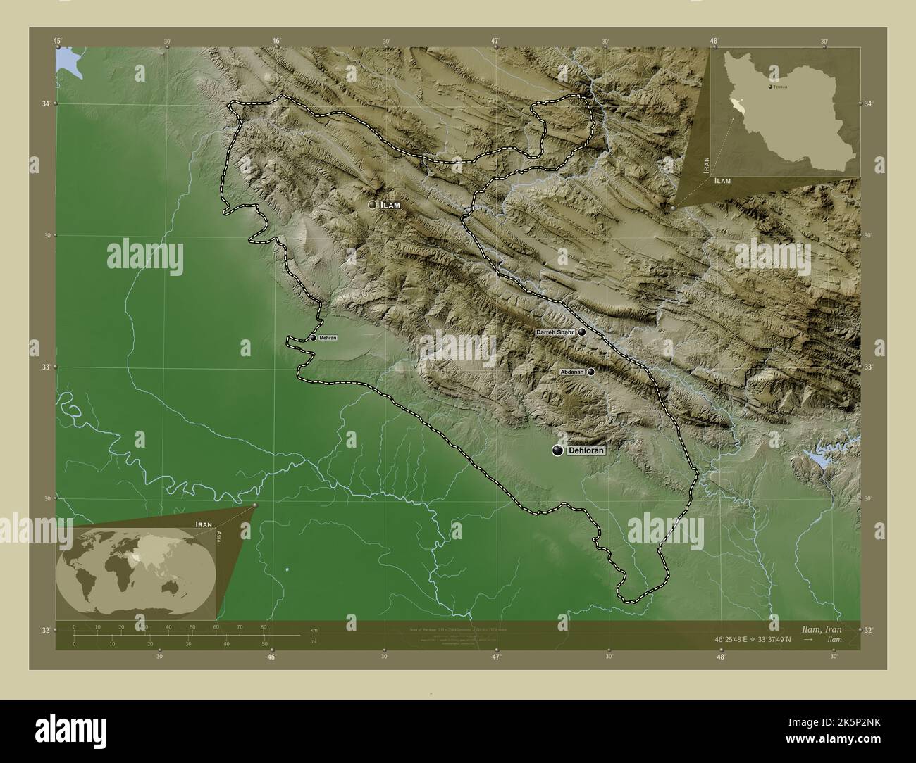 Ilam, province of Iran. Elevation map colored in wiki style with lakes ...