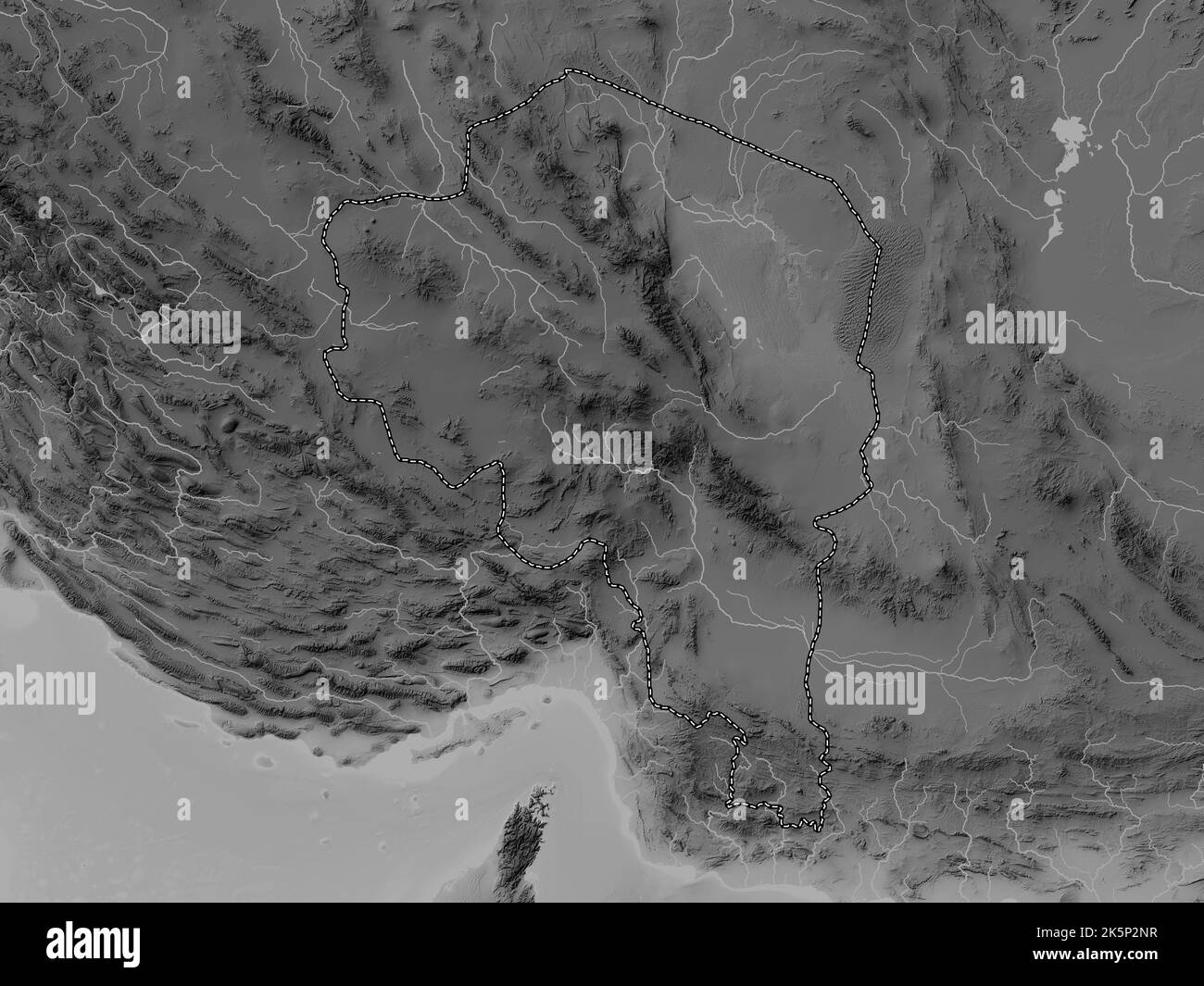 Kerman, province of Iran. Grayscale elevation map with lakes and rivers ...