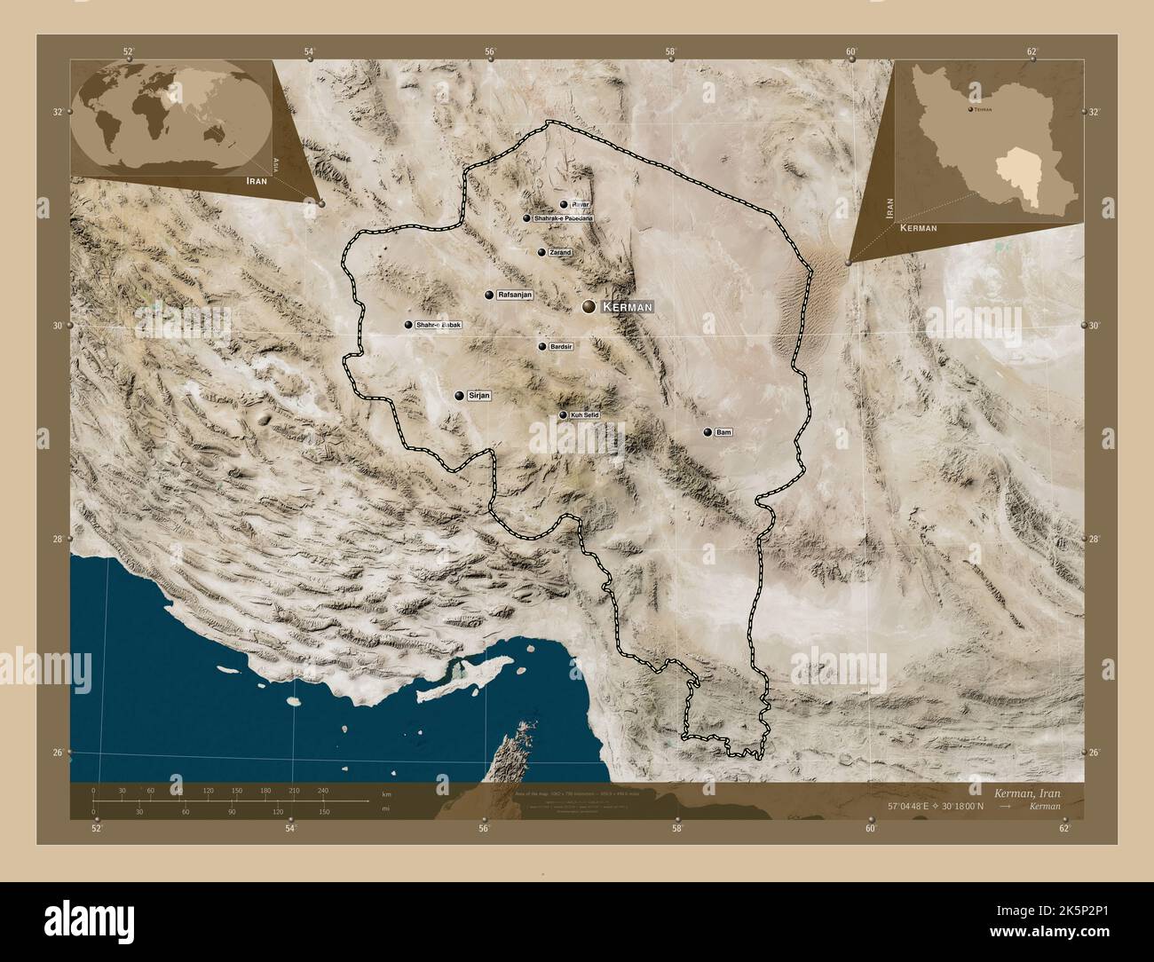 Kerman, province of Iran. Low resolution satellite map. Locations and ...