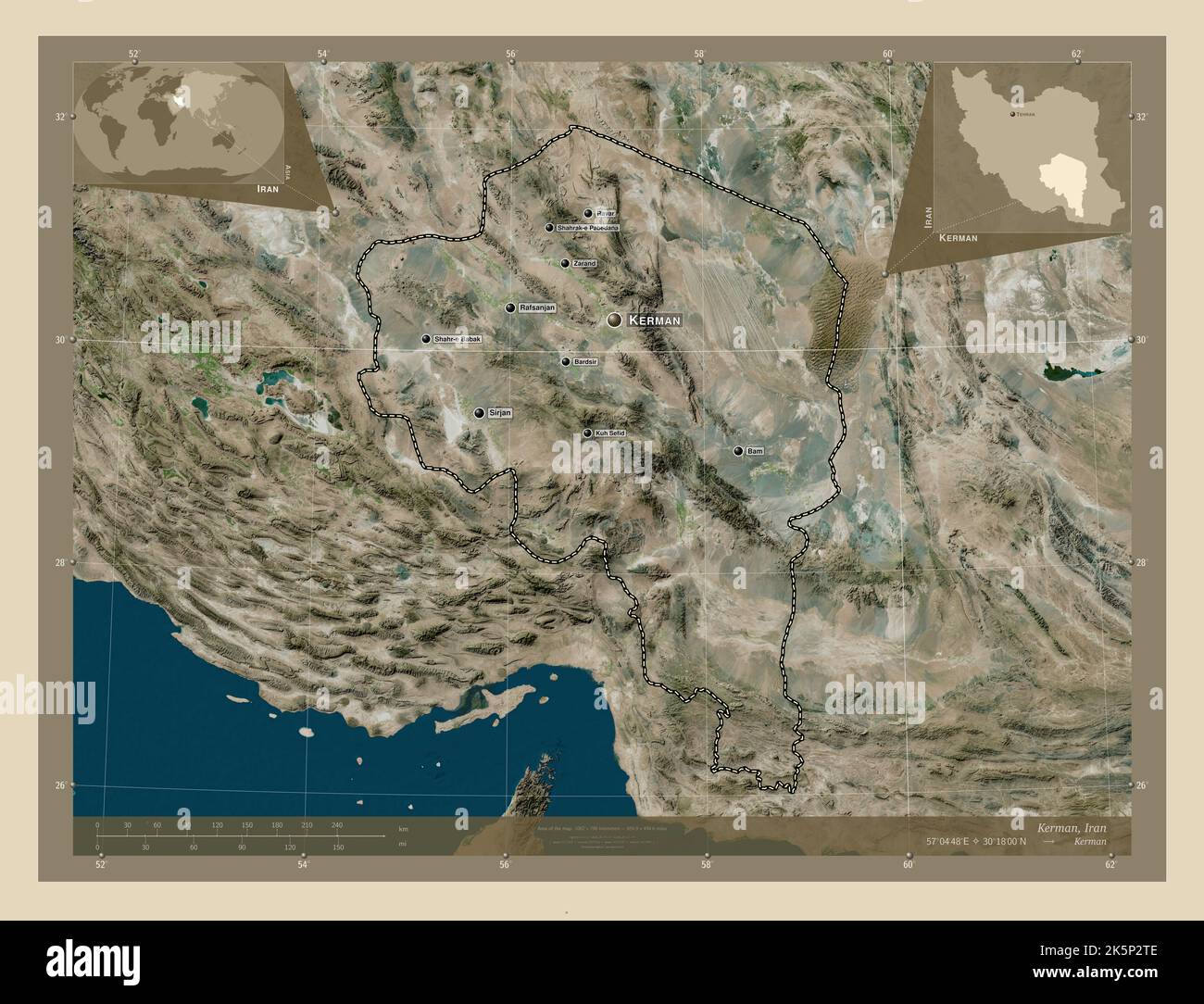 Kerman, province of Iran. High resolution satellite map. Locations and ...
