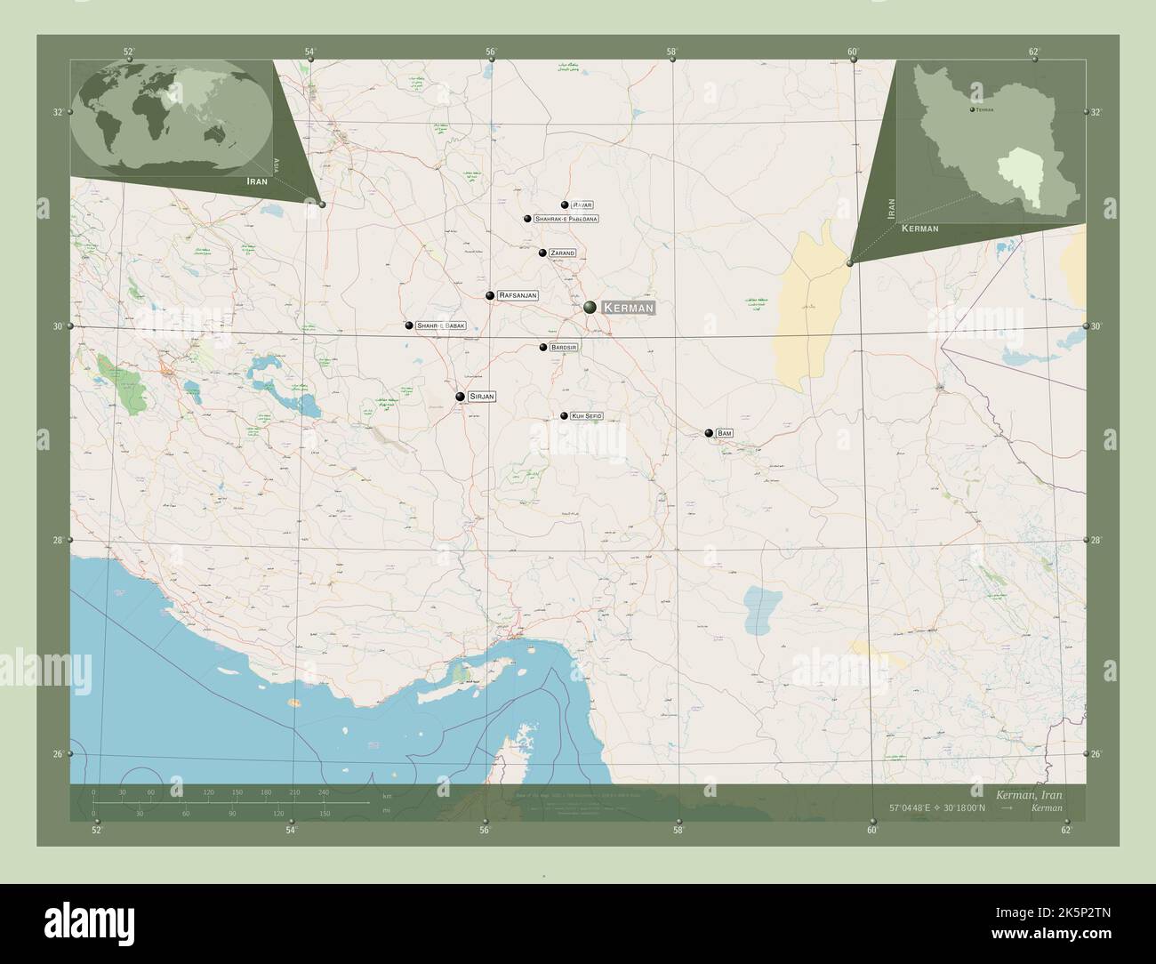 Kerman, province of Iran. Open Street Map. Locations and names of major ...