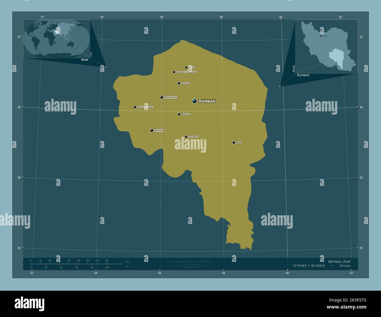 Kerman, province of Iran. Solid color shape. Locations and names of ...