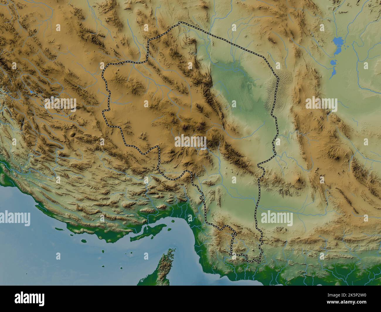 Kerman, province of Iran. Colored elevation map with lakes and rivers ...