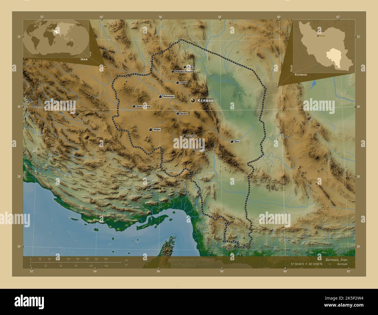 Kerman, province of Iran. Colored elevation map with lakes and rivers ...