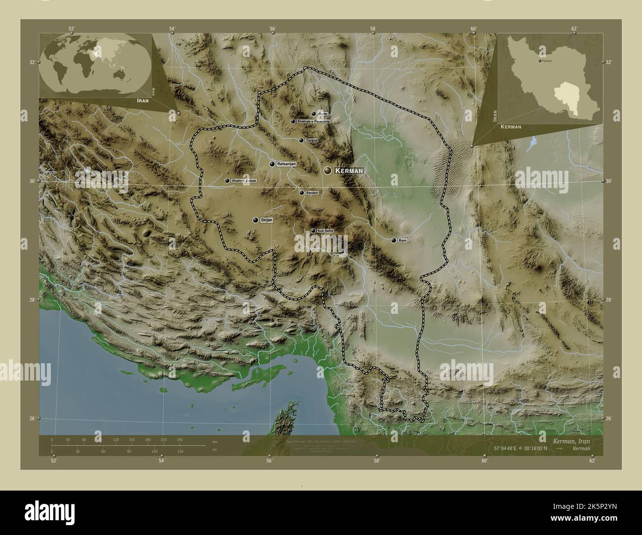 Kerman, province of Iran. Elevation map colored in wiki style with ...