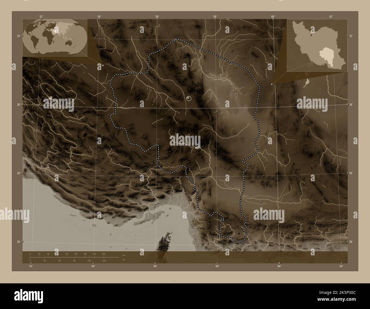 Kerman, province of Iran. Elevation map colored in sepia tones with ...