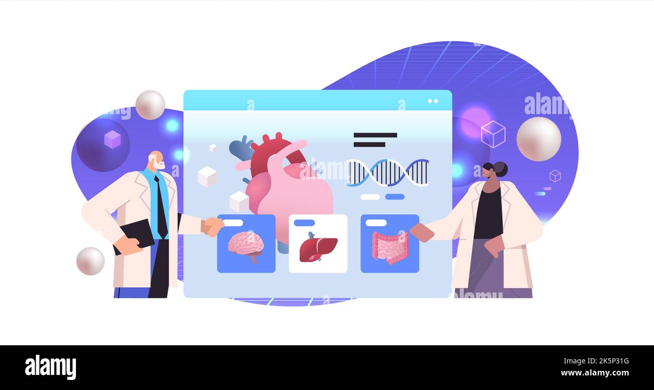 scientists examining anatomical human body internal organs on digital ...