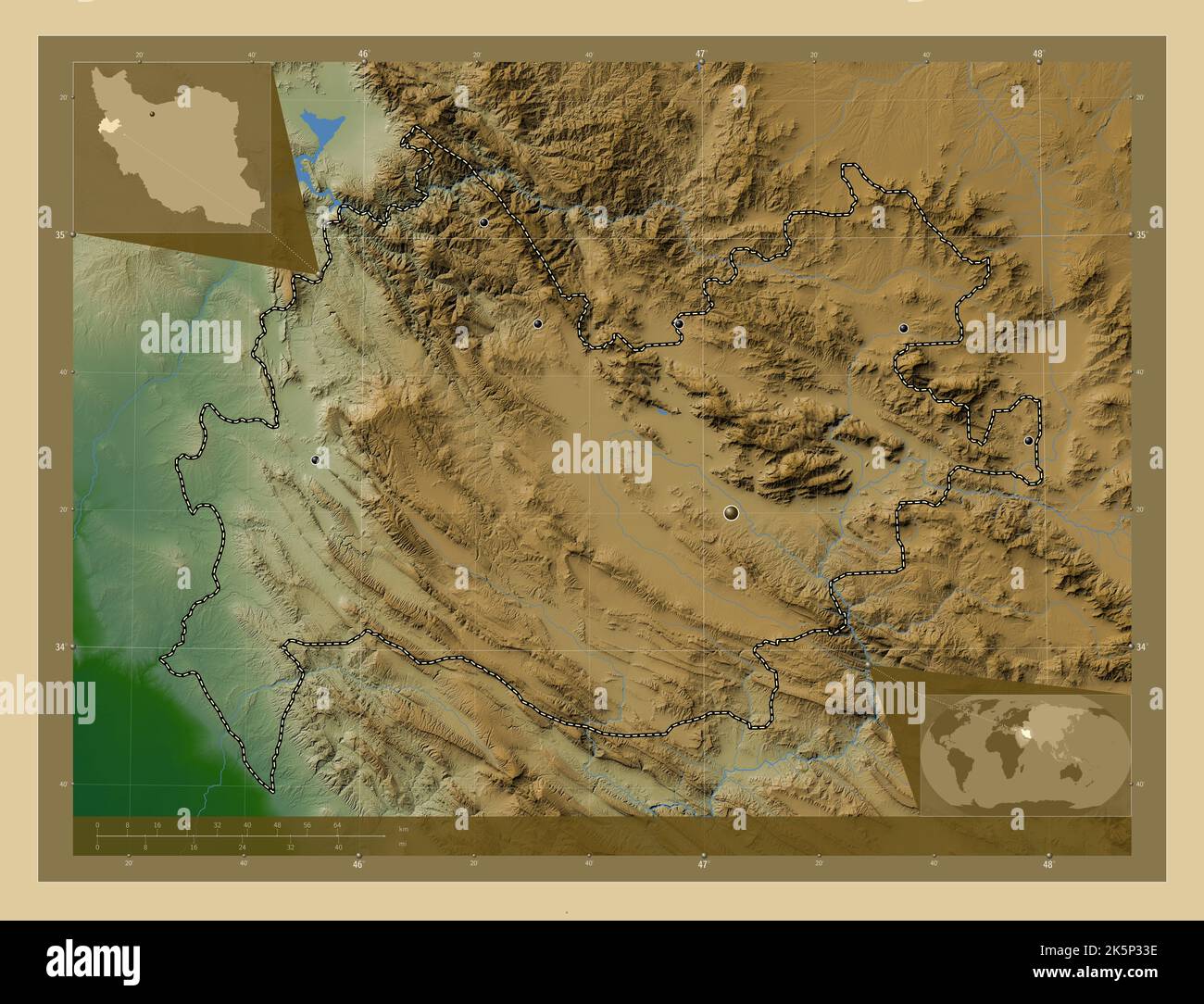 Kermanshah, province of Iran. Colored elevation map with lakes and ...