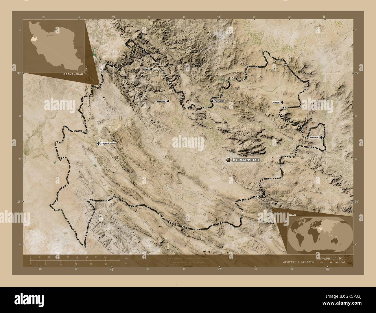 Kermanshah, province of Iran. Low resolution satellite map. Locations ...