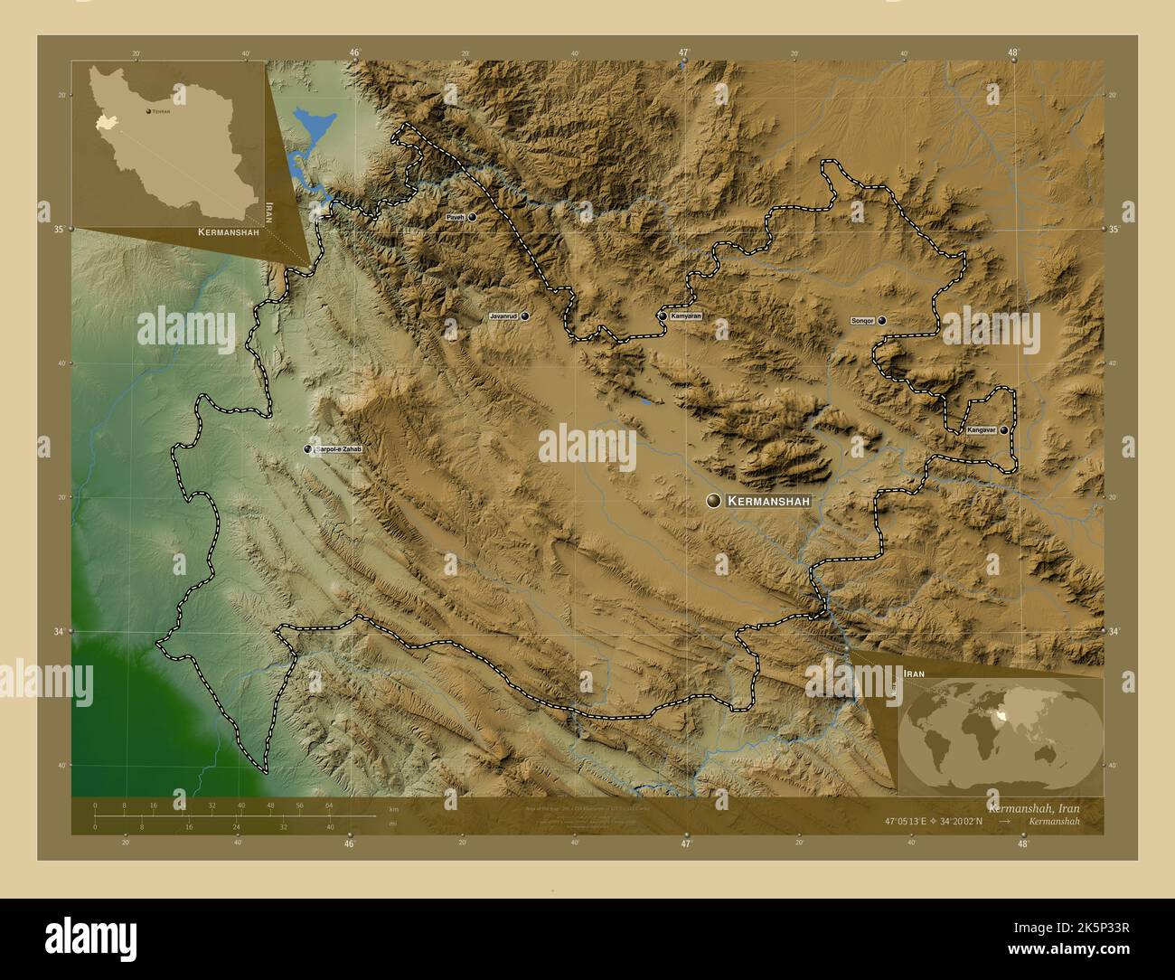 Kermanshah, province of Iran. Colored elevation map with lakes and ...