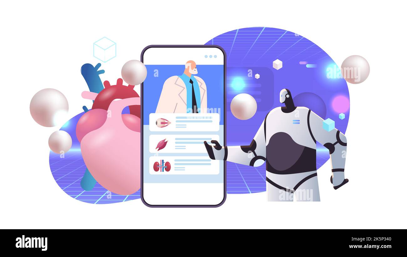 scientist and robot examining anatomical human body internal organs ...