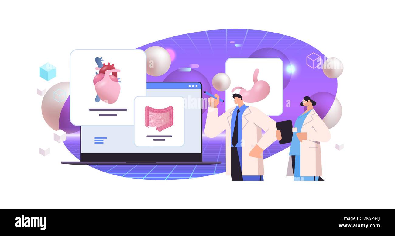 scientists examining anatomical human body internal organs on laptop ...