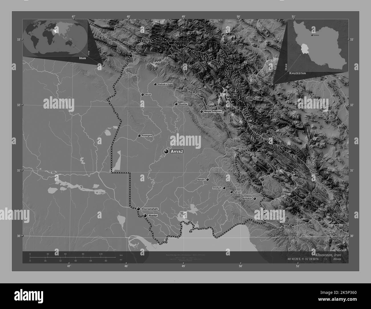 Khuzestan, province of Iran. Bilevel elevation map with lakes and ...