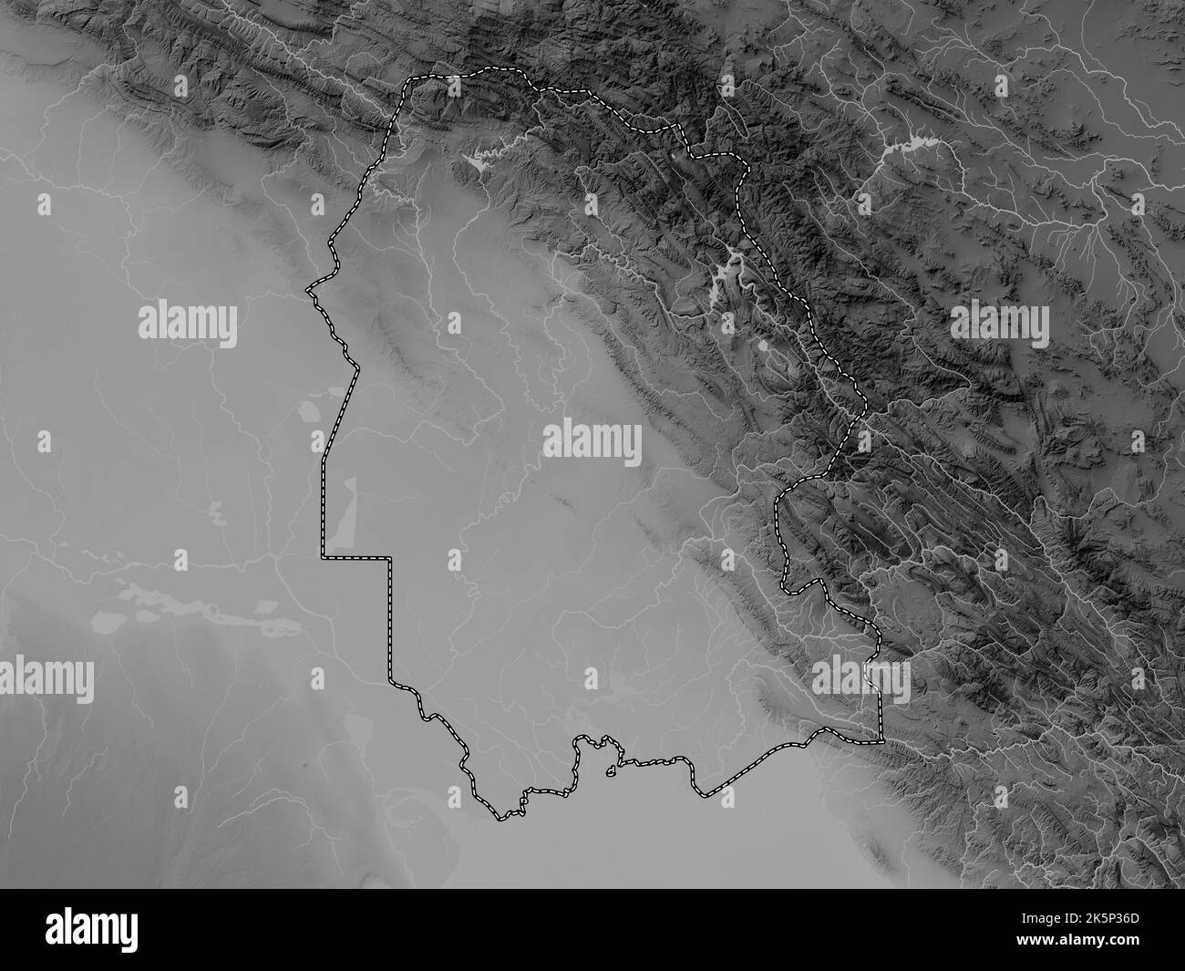 Khuzestan, province of Iran. Grayscale elevation map with lakes and ...