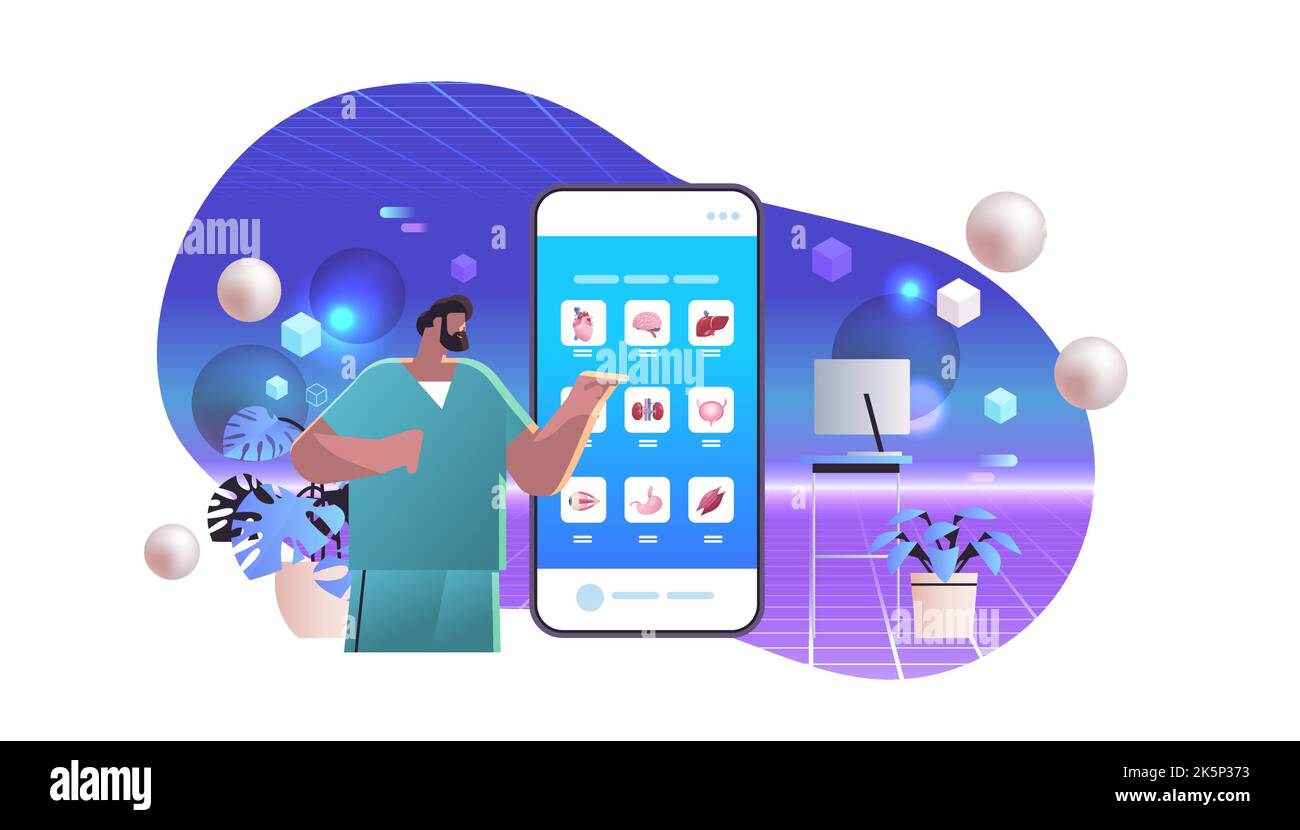 scientist examining anatomical human body internal organs on smartphone ...