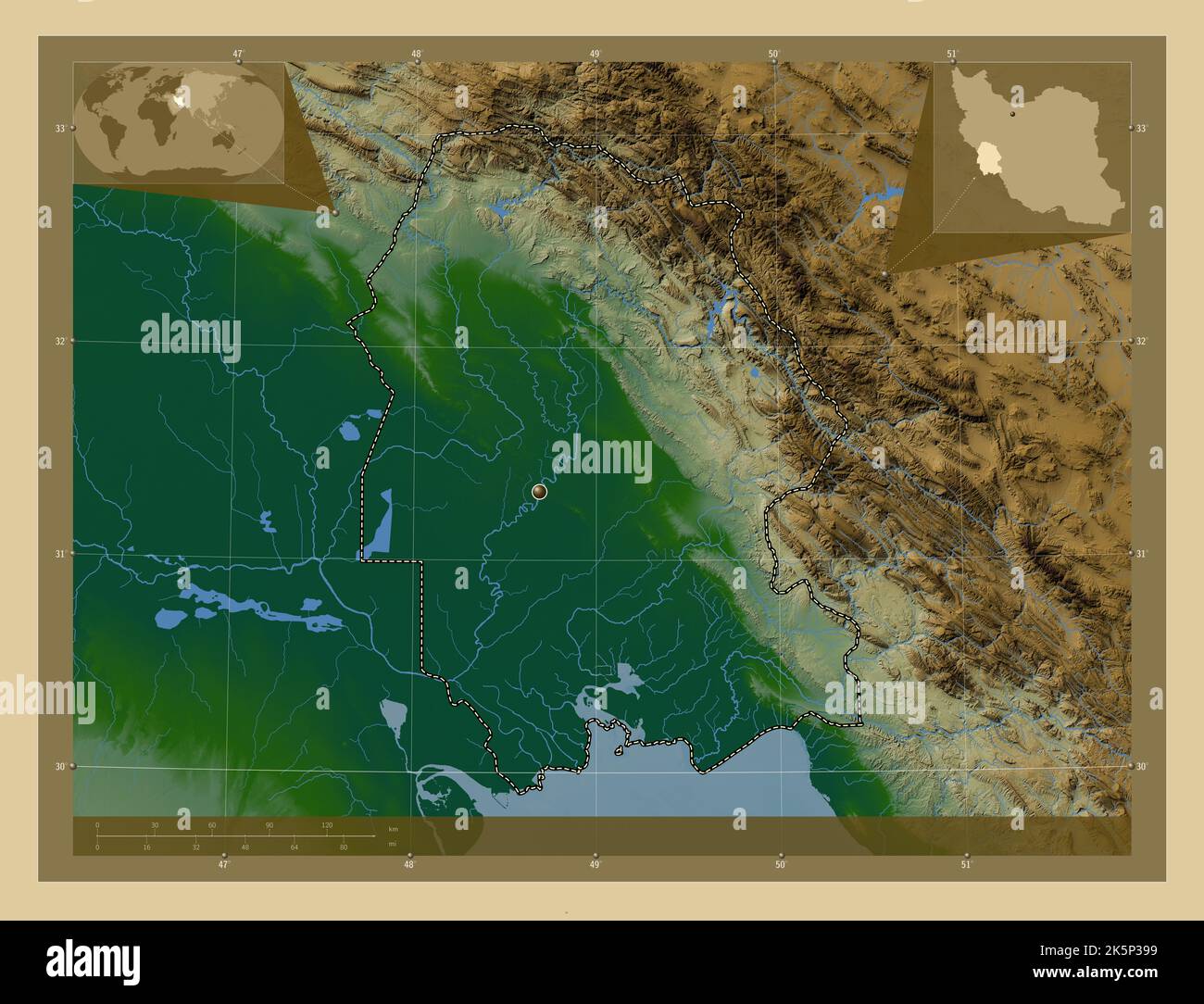 Khuzestan, province of Iran. Colored elevation map with lakes and ...