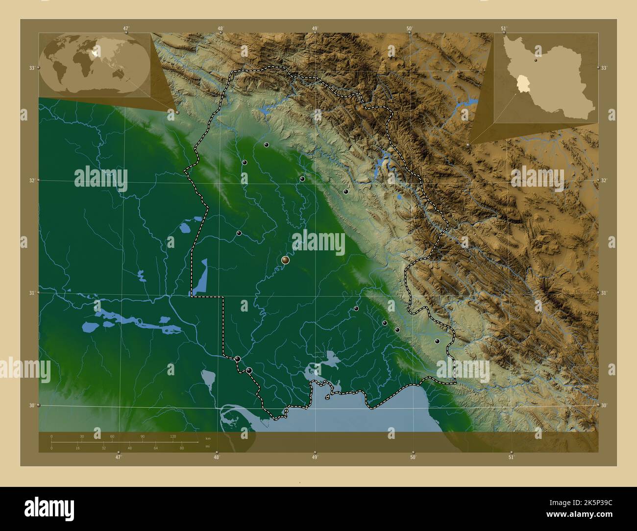 Khuzestan, province of Iran. Colored elevation map with lakes and ...