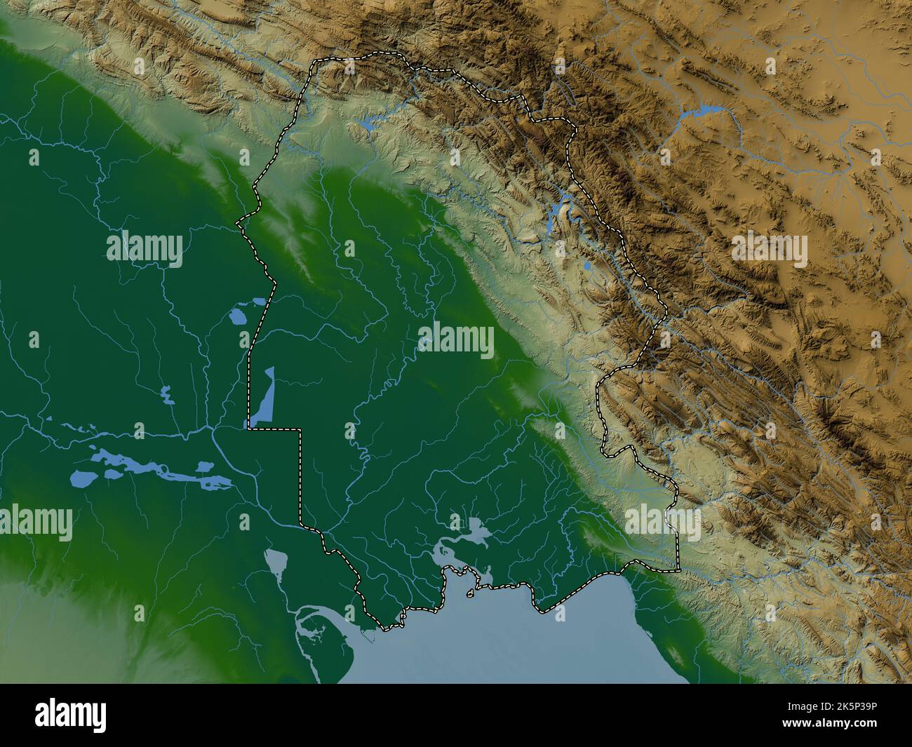 Khuzestan, province of Iran. Colored elevation map with lakes and ...
