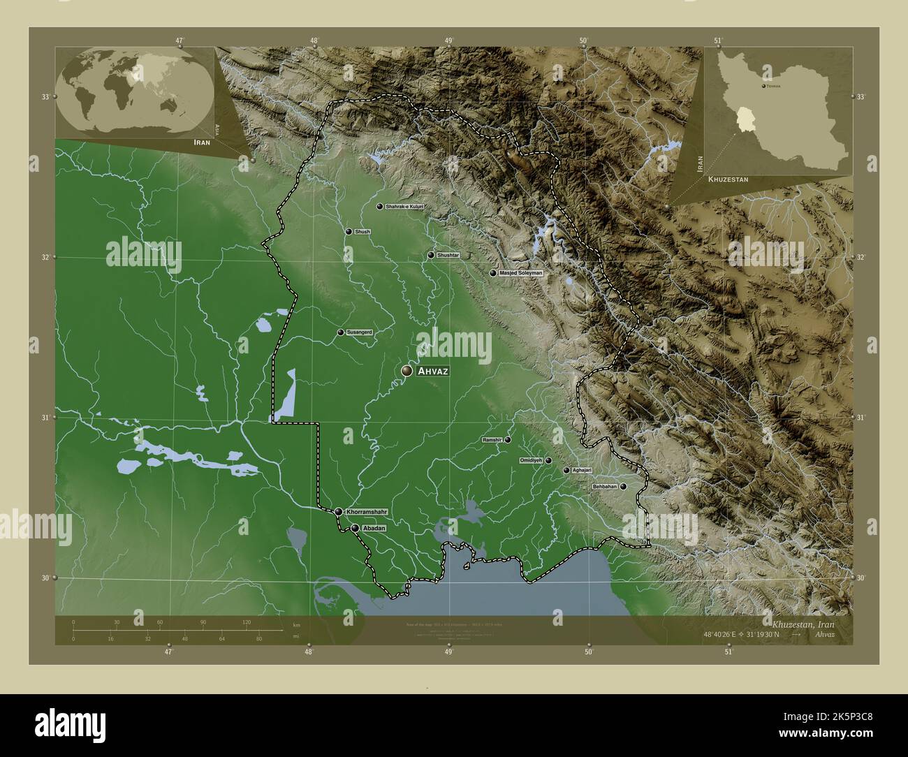 Khuzestan, province of Iran. Elevation map colored in wiki style with ...