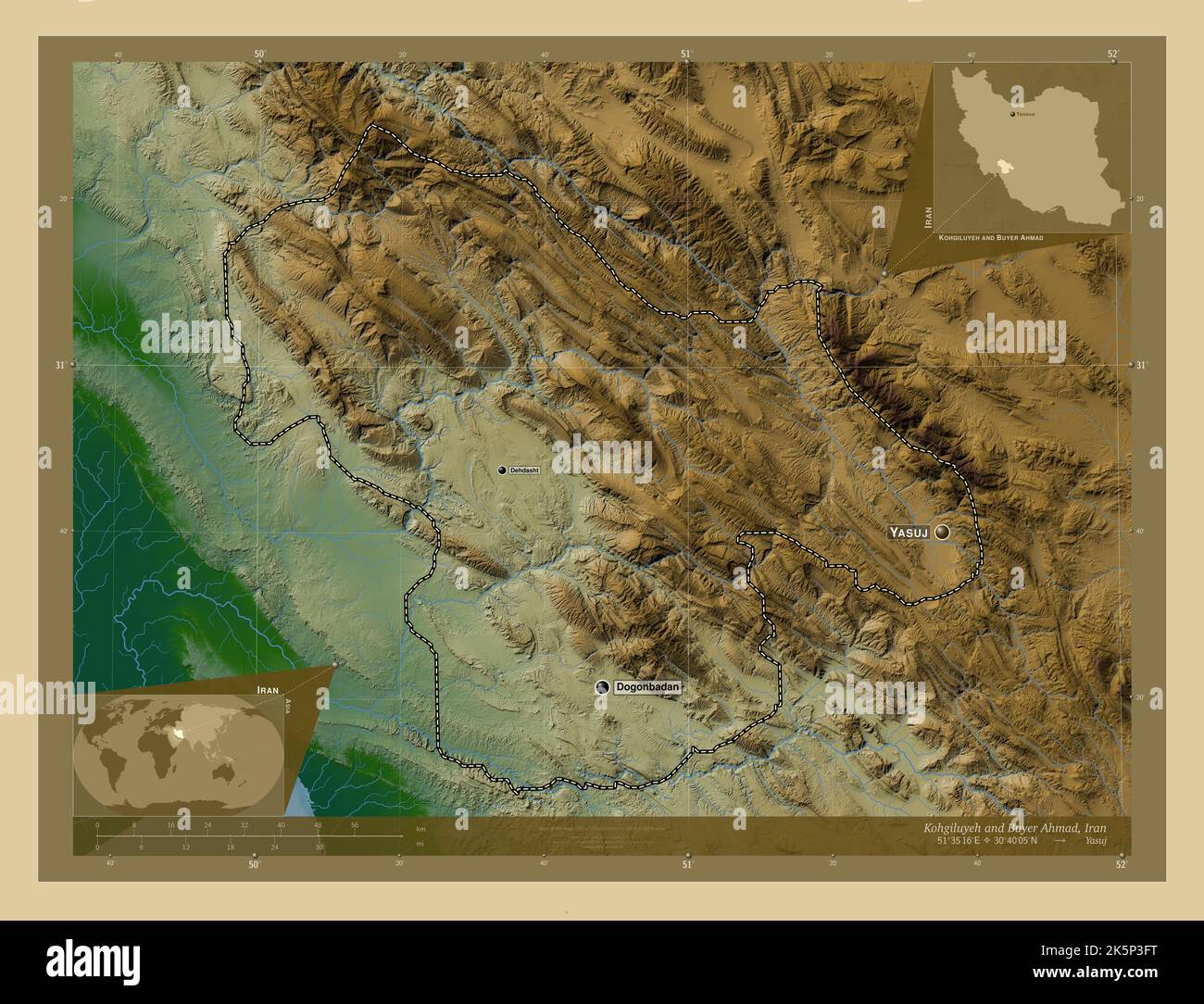 Kohgiluyeh and Buyer Ahmad, province of Iran. Colored elevation map ...