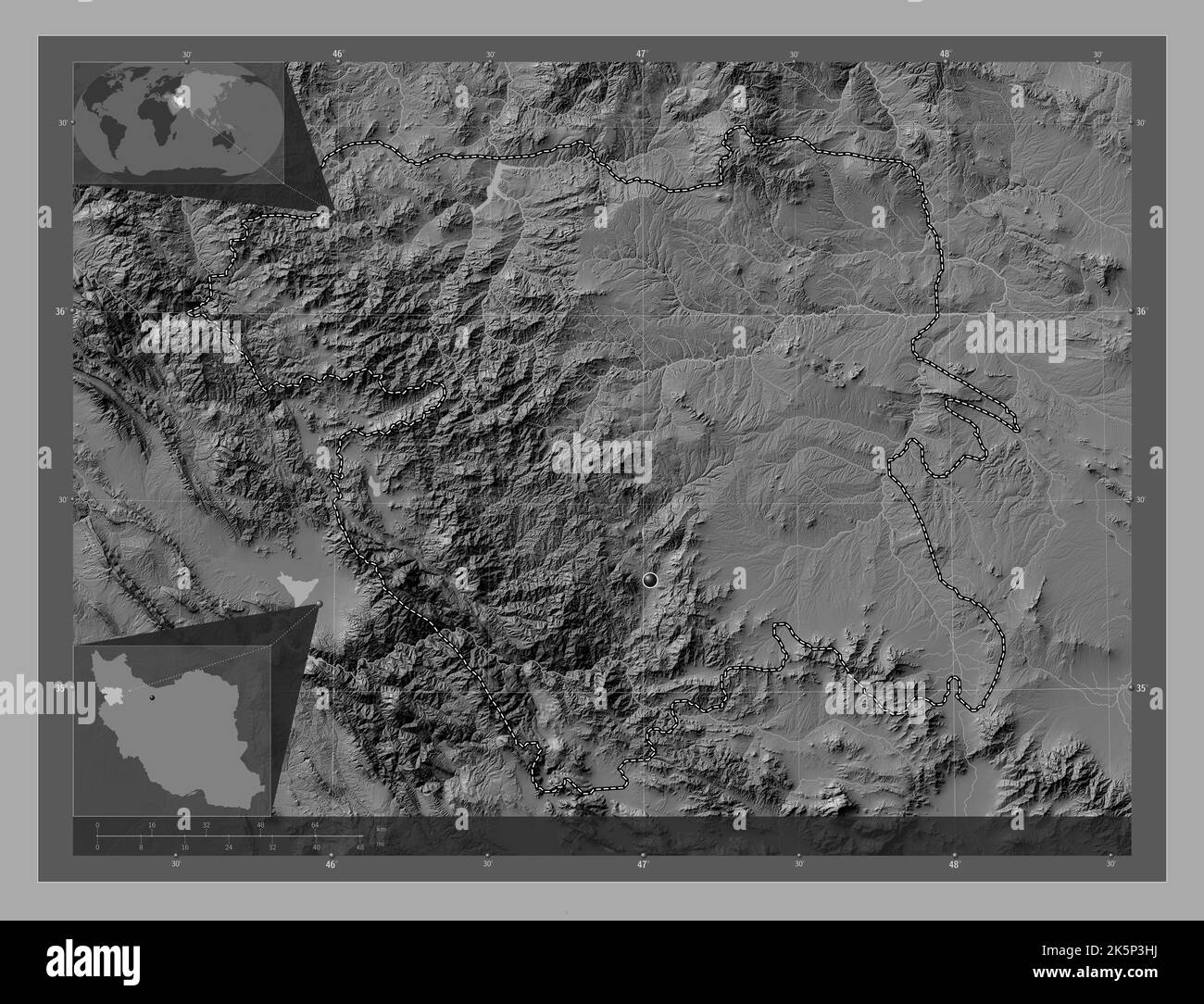 Kordestan, province of Iran. Bilevel elevation map with lakes and ...