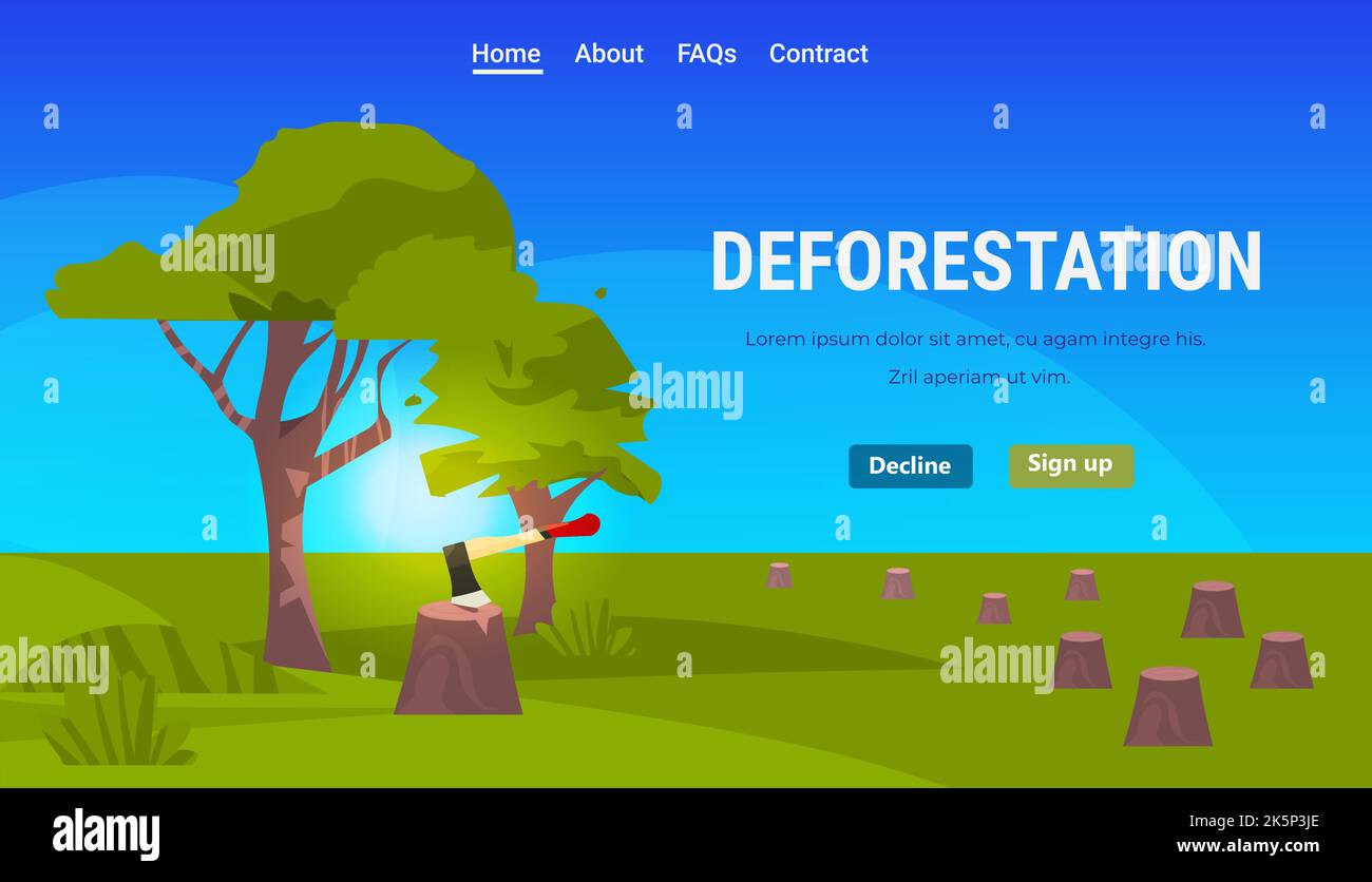 trees in the felled forest with an ax in stumps illegal deforestation global warming ecosystem ...