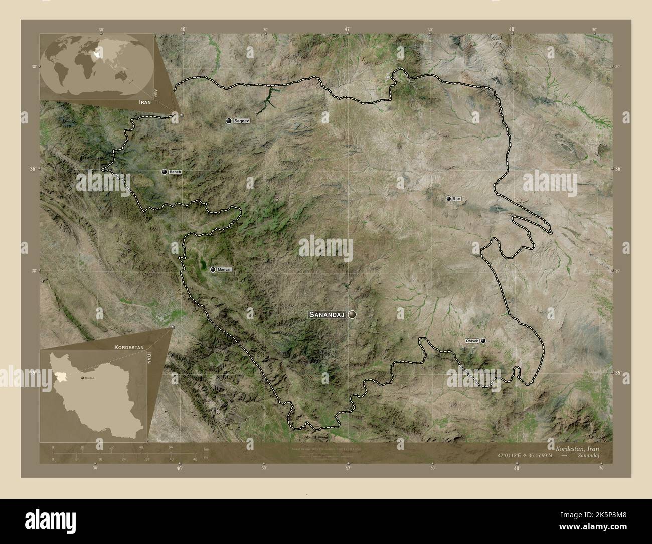 Kordestan, province of Iran. High resolution satellite map. Locations ...