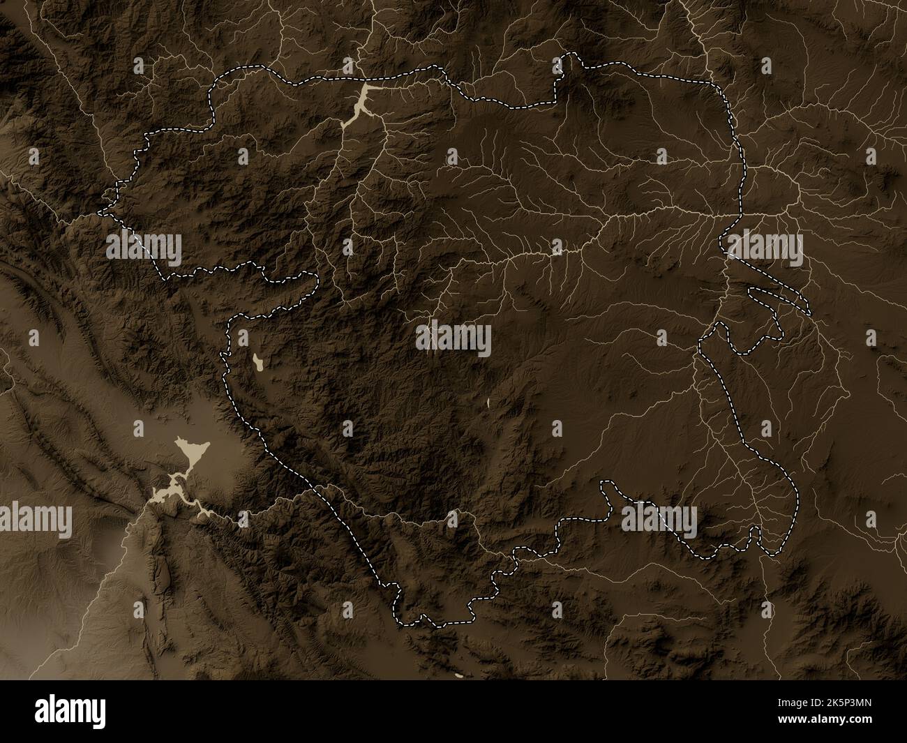 Kordestan, province of Iran. Elevation map colored in sepia tones with ...