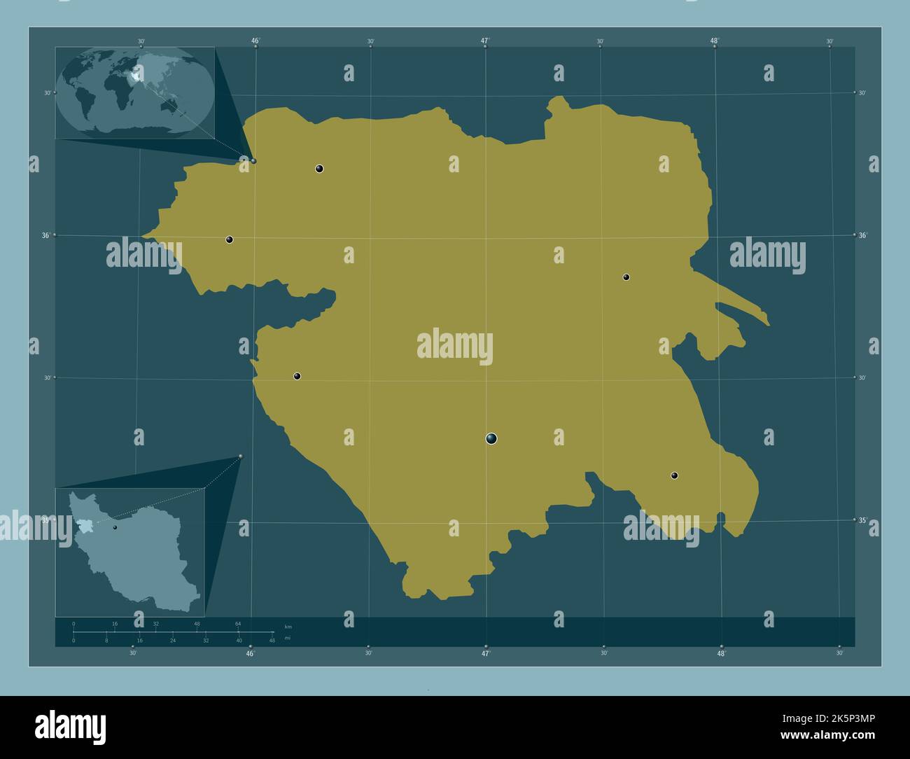 Kordestan, province of Iran. Solid color shape. Locations of major ...