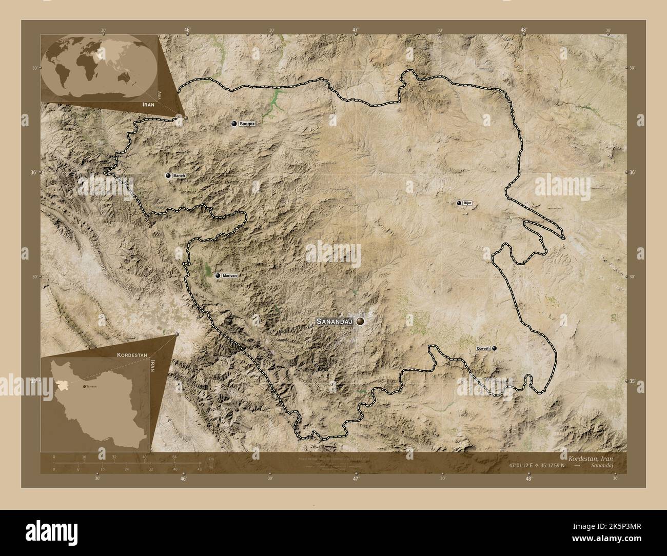 Kordestan, province of Iran. Low resolution satellite map. Locations ...