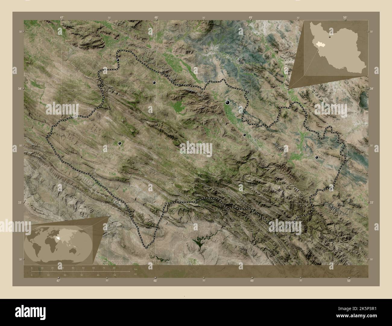 Lorestan, province of Iran. High resolution satellite map. Locations of ...