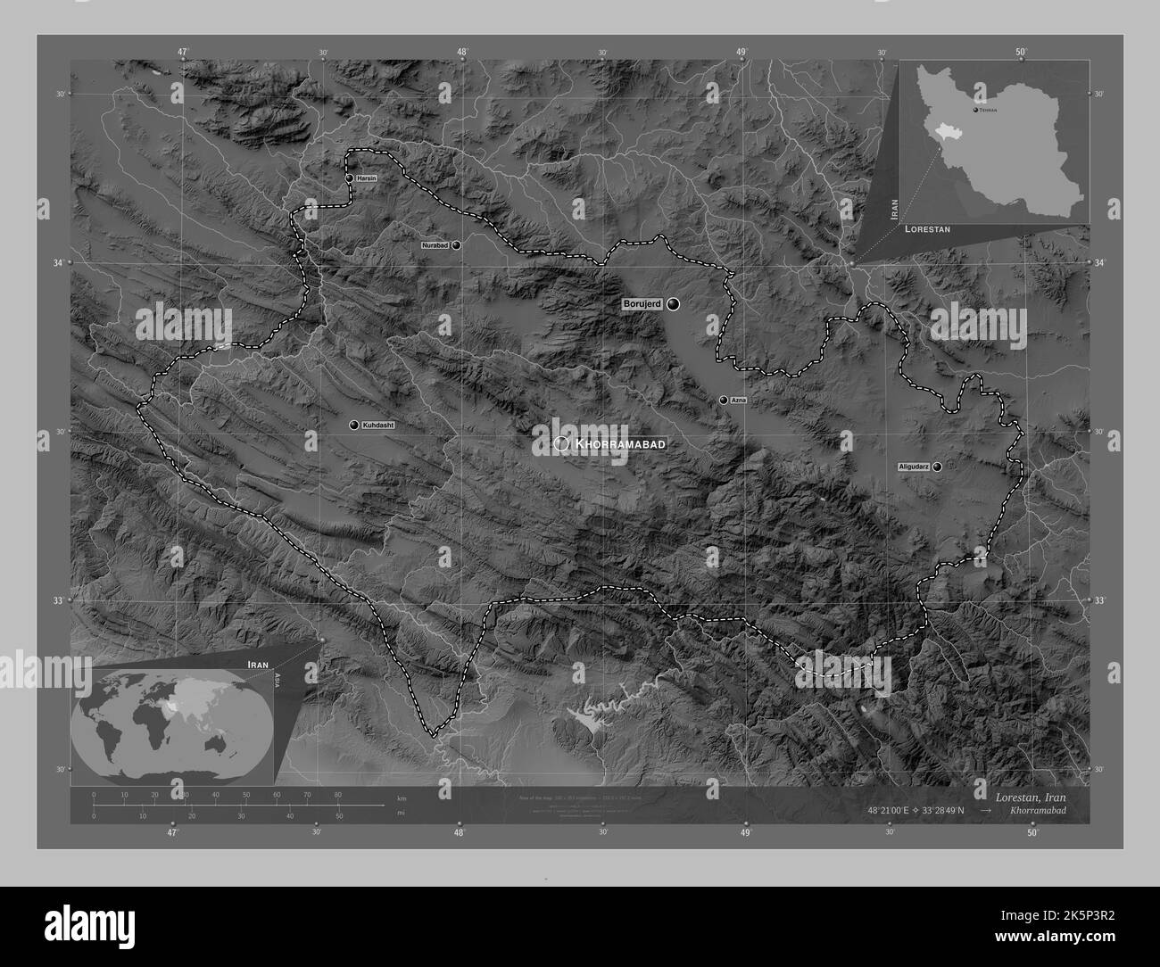 Lorestan, province of Iran. Grayscale elevation map with lakes and ...