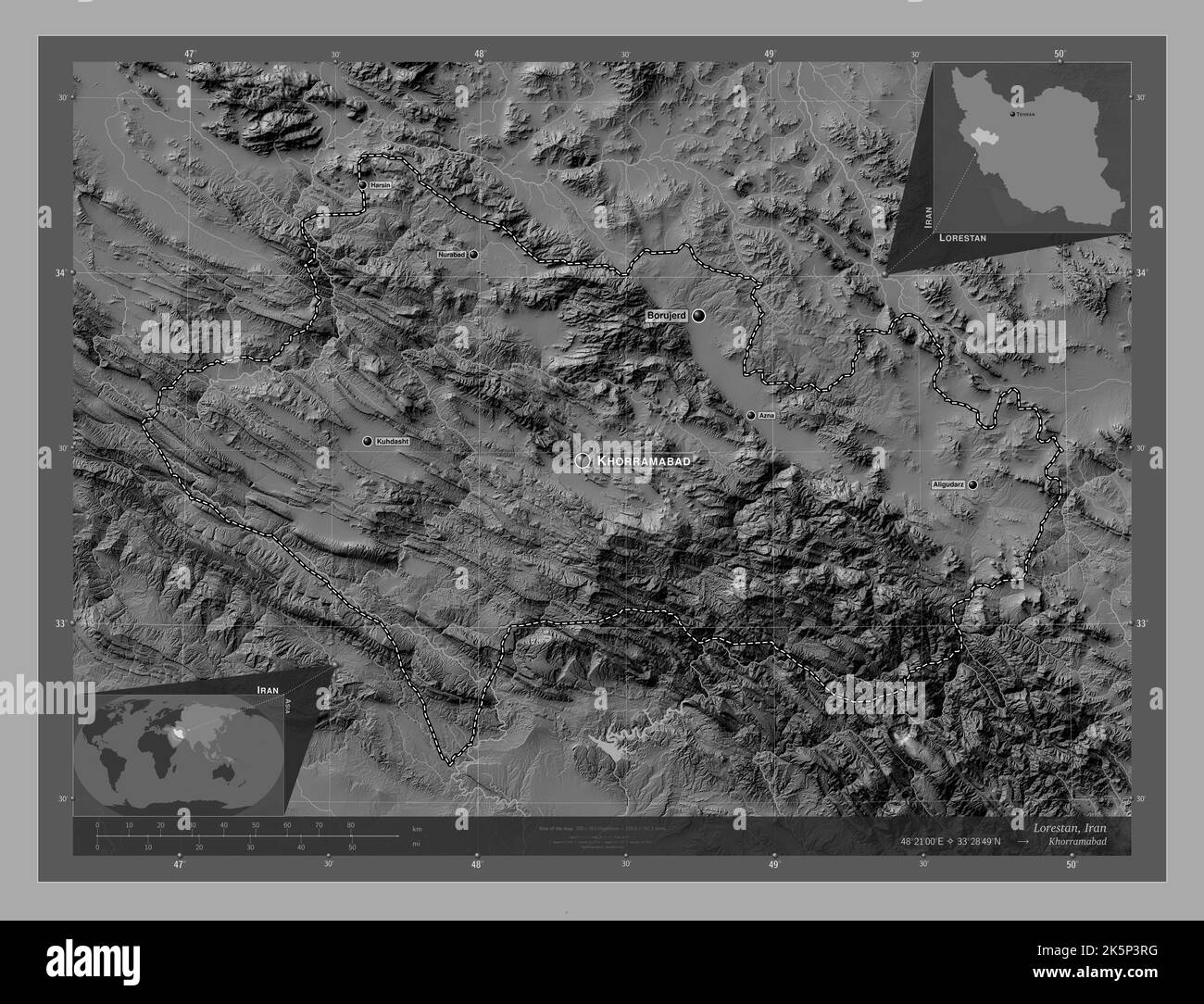 Lorestan, province of Iran. Bilevel elevation map with lakes and rivers ...