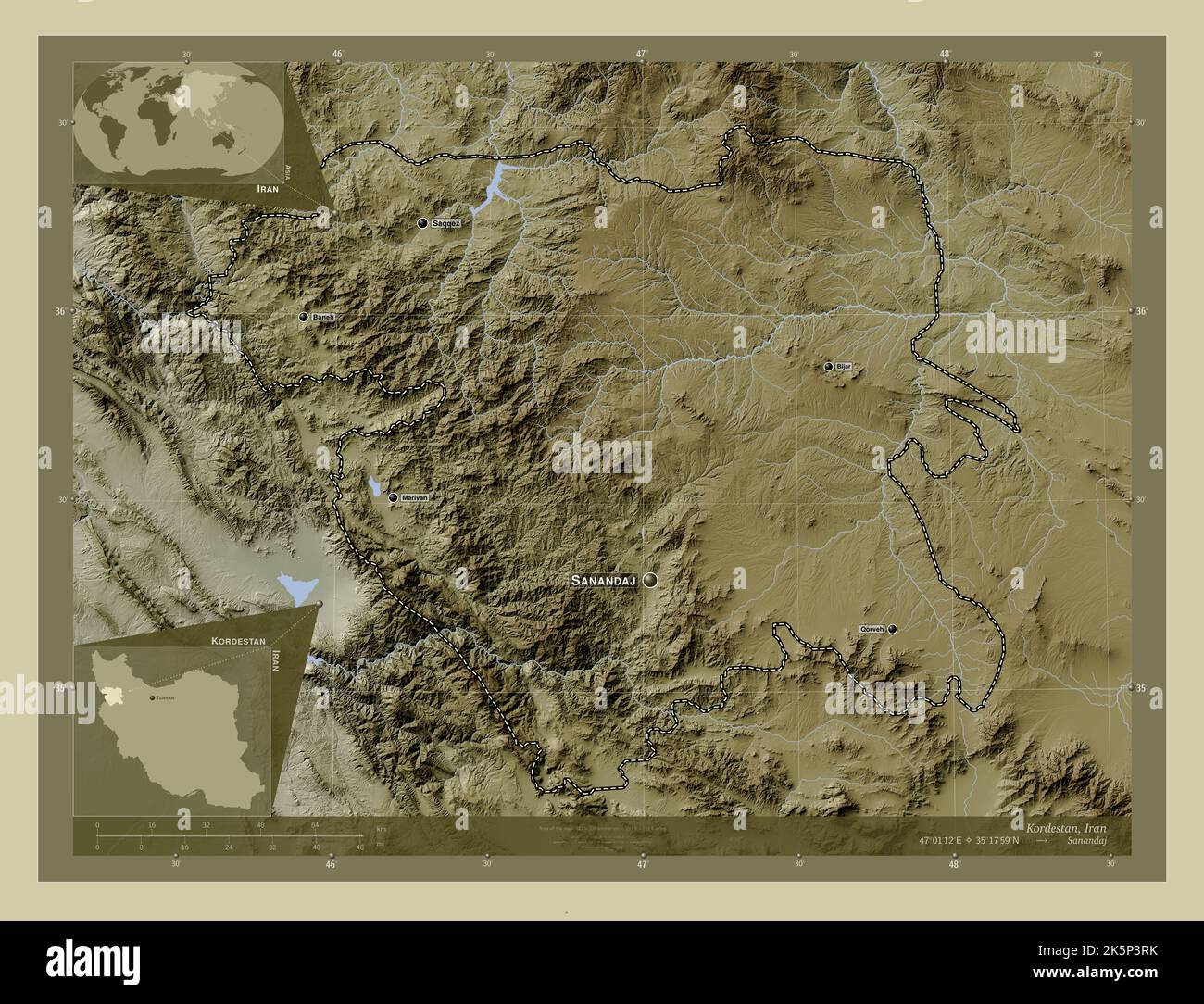 Kordestan, province of Iran. Elevation map colored in wiki style with ...