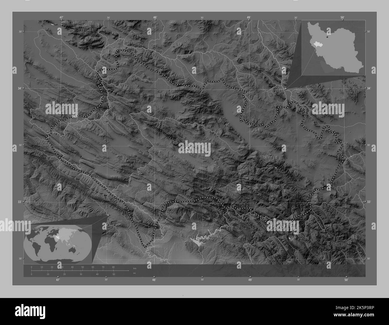 Lorestan, province of Iran. Grayscale elevation map with lakes and ...