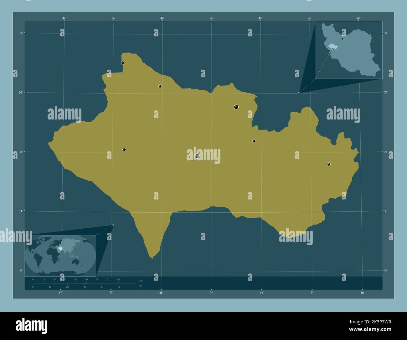 Lorestan, province of Iran. Solid color shape. Locations of major ...