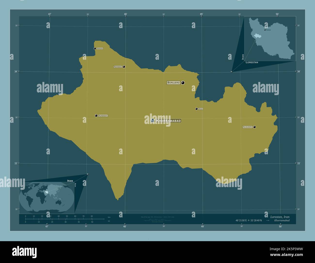 Lorestan, province of Iran. Solid color shape. Locations and names of ...