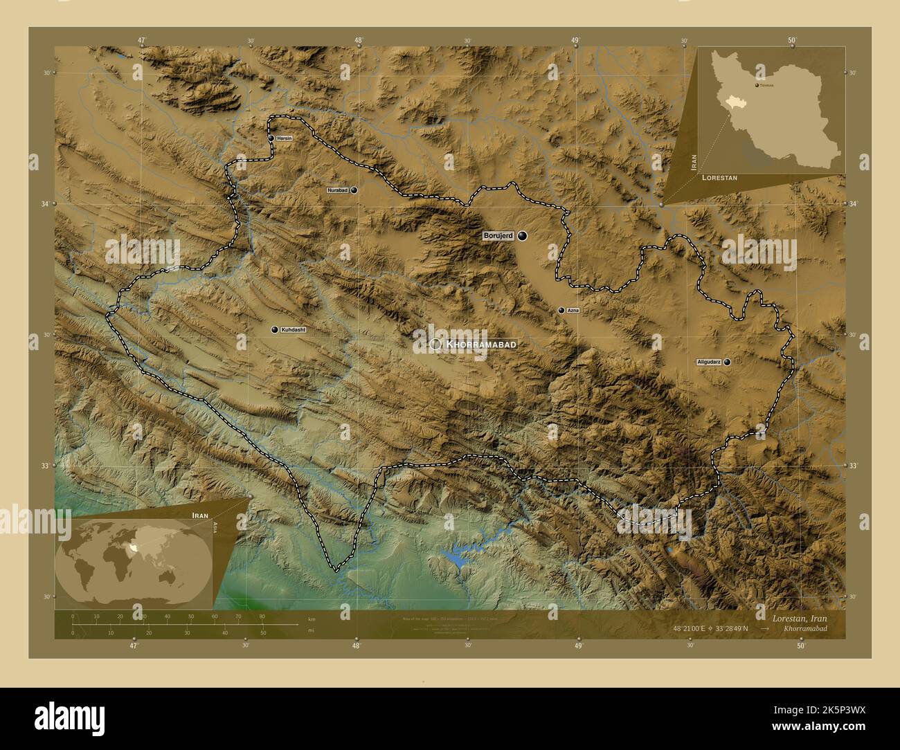 Lorestan, province of Iran. Colored elevation map with lakes and rivers ...