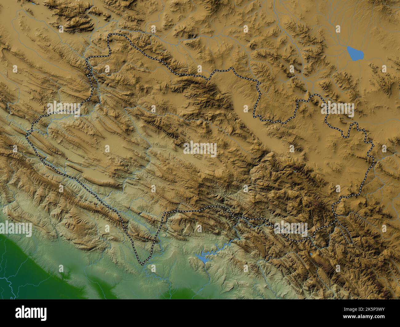 Lorestan, province of Iran. Colored elevation map with lakes and rivers ...