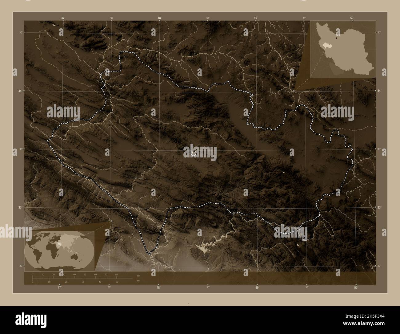 Lorestan, province of Iran. Elevation map colored in sepia tones with ...