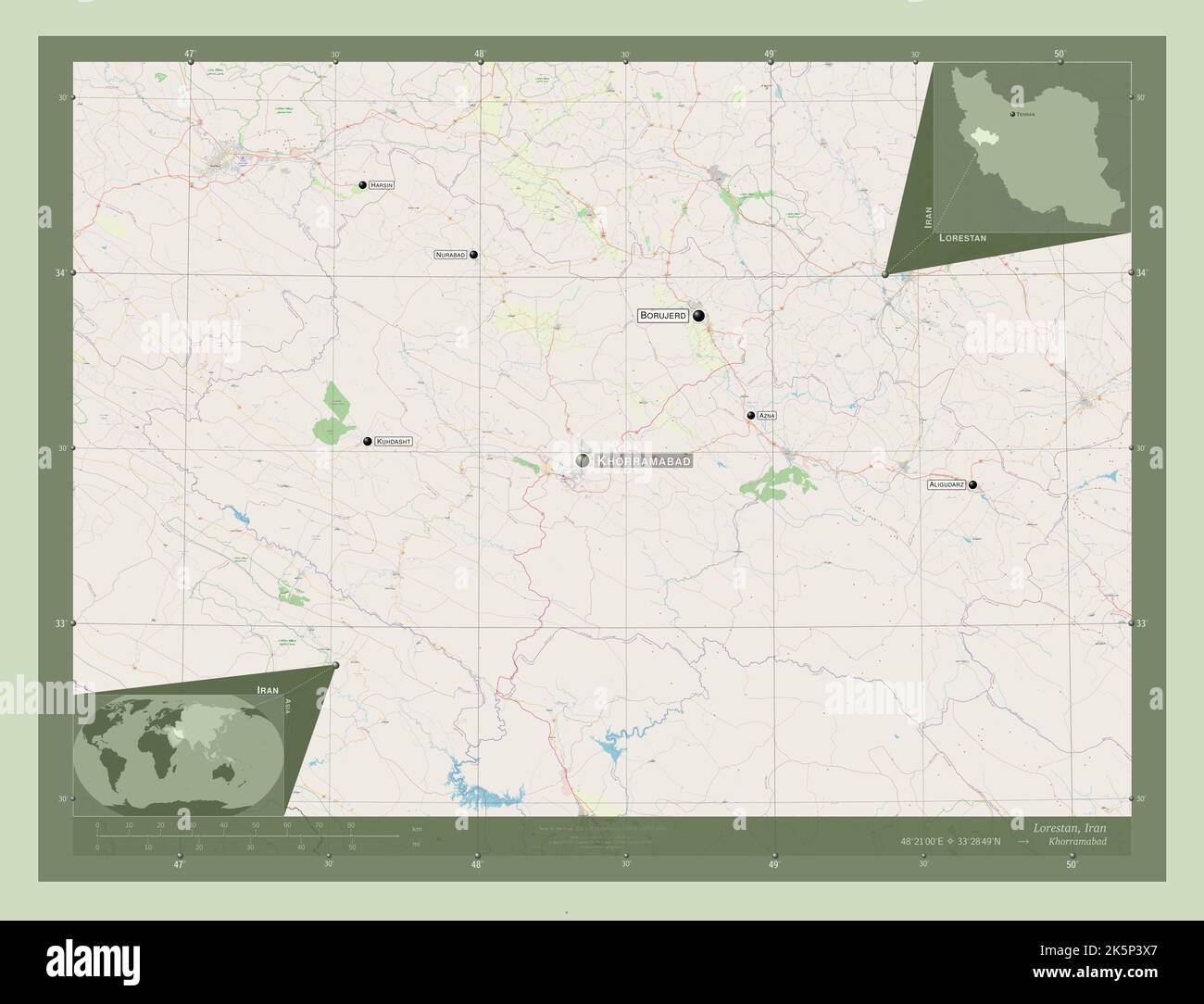 Lorestan, province of Iran. Open Street Map. Locations and names of ...