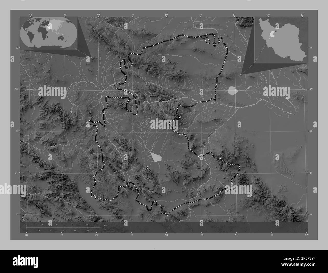 Markazi, province of Iran. Grayscale elevation map with lakes and ...