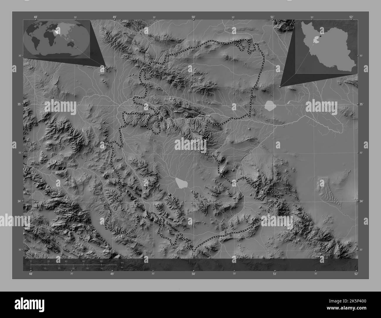 Markazi, province of Iran. Bilevel elevation map with lakes and rivers ...