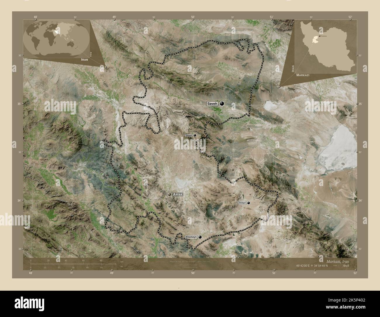 Markazi, province of Iran. High resolution satellite map. Locations and ...