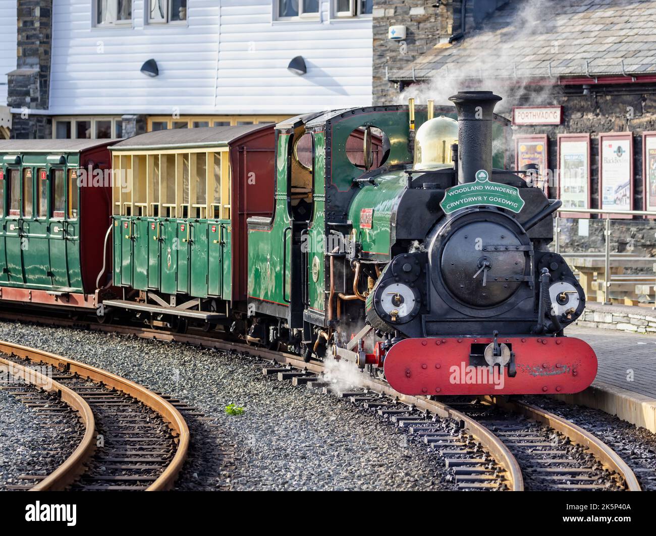 Steam locomotive Blanche pulling out of the Ffestiniog Railway station, Porthmadog, Gwnydd ...